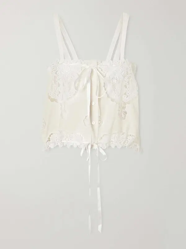 Miguelina Palmer Cropped Guipure Lace-trimmed Cotton-blend Top - Cream