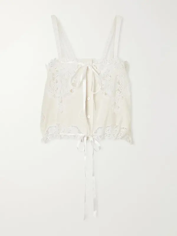 Miguelina Palmer Cropped Guipure Lace-trimmed Cotton-blend Top - Neutrals