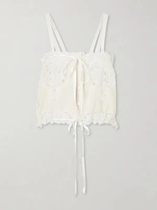 Miguelina Palmer Cropped Guipure Lace-trimmed Cotton-blend Top - Neutrals