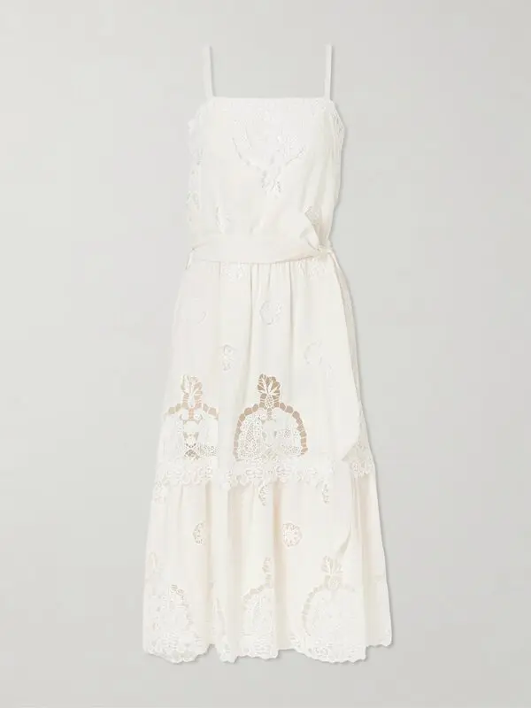 Miguelina Esme Belted Guipure Lace-trimmed Cotton-blend Midi Dress - Neutrals