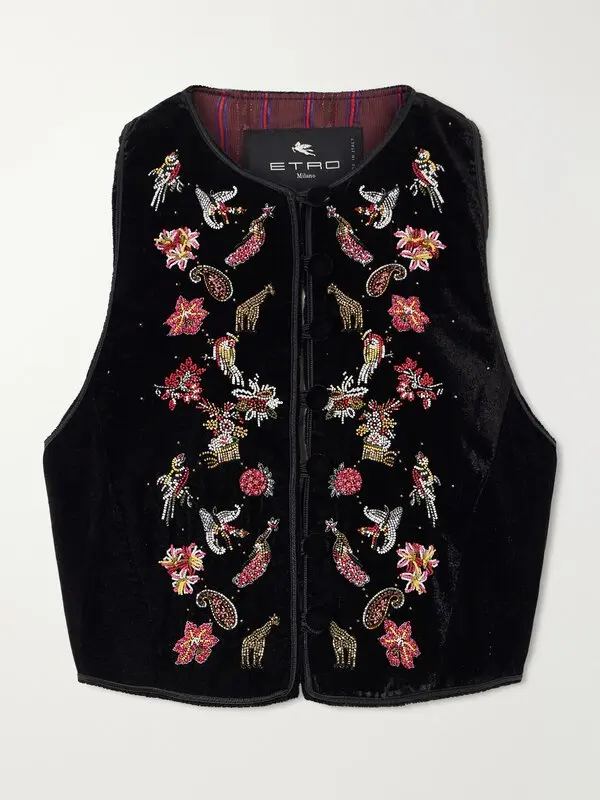 Etro Embellished Cropped Velvet Vest - Black