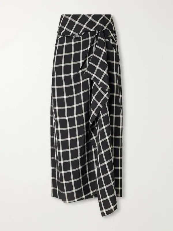 Erdem Draped Checked Crinkled-satin Midi Skirt - Black