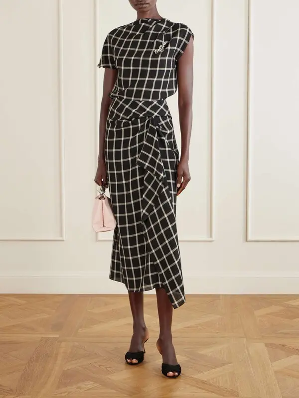 Erdem Draped Checked Crinkled-satin Midi Skirt