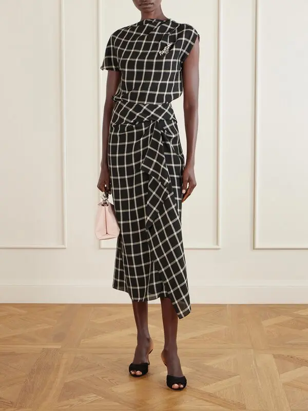 Erdem Checked Crinkled-satin Midi Skirt
