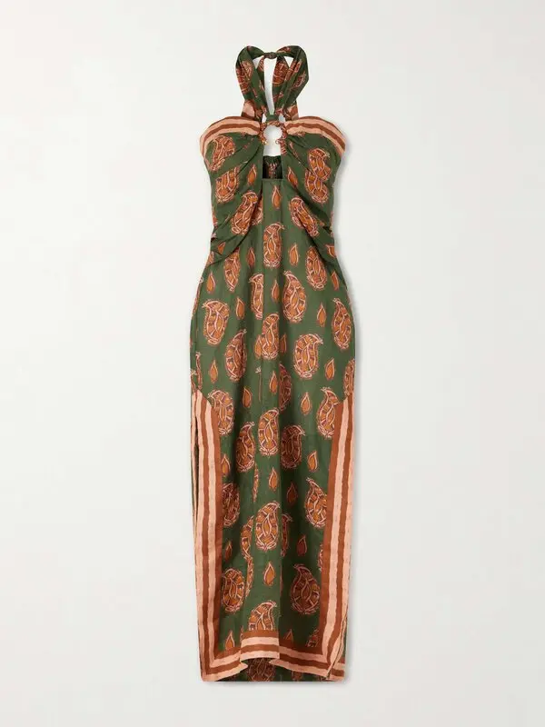 Johanna Ortiz Desert Heart Embellished Printed Cut-out Linen Maxi Dress - Green