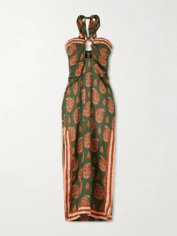 Johanna Ortiz Desert Heart" Printed Cut-out Halterneck Linen Maxi Dress - Green
