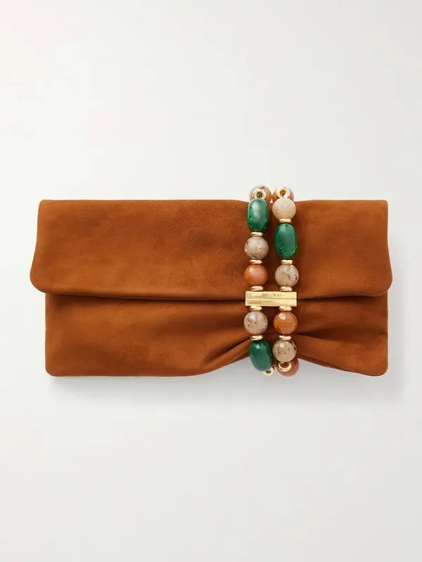 JIMMY CHOO Zandra Beaded Leather Shoulder Clutch - Tan