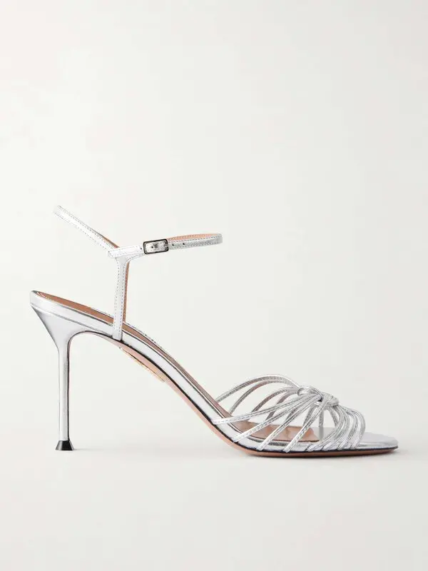 AQUAZZURA Serenity 85 Knotted Metallic Leather Sandals - Silver