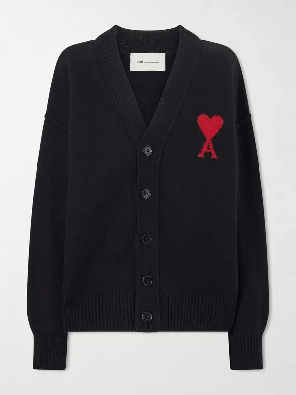 AMI Paris Intarsia Merino Wool Cardigan - Black