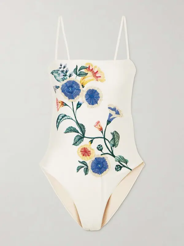 Agua Bendita Durazno Brisa Floral-embroidered Recycled Swimsuit - Cream