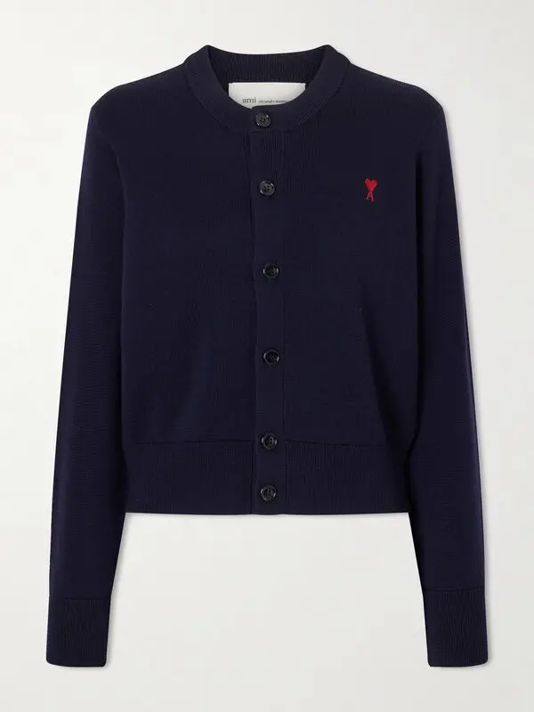 AMI Paris Embroidered Wool Cardigan - Blue
