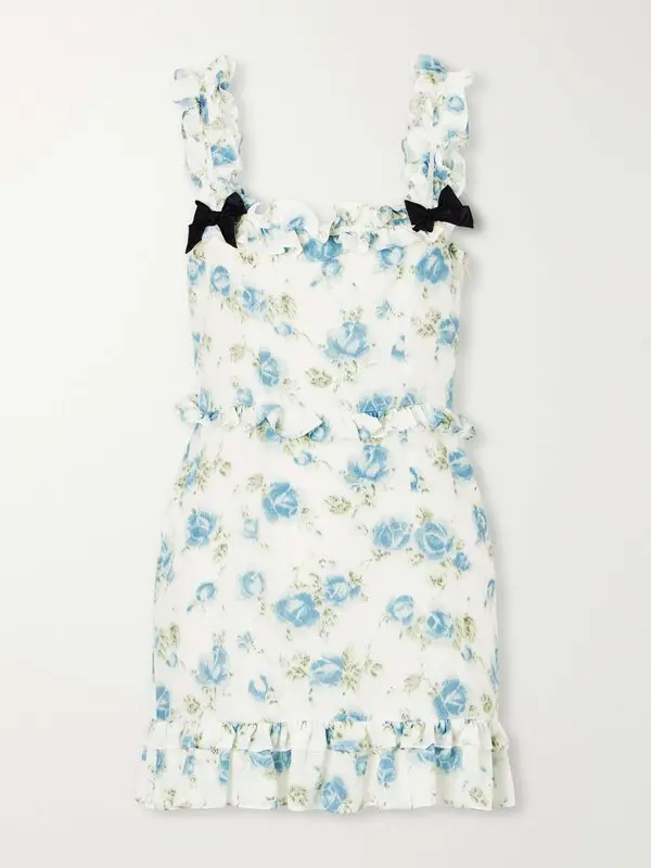 Alessandra Rich Ruffled Floral-print Silk Mini Dress - Blue