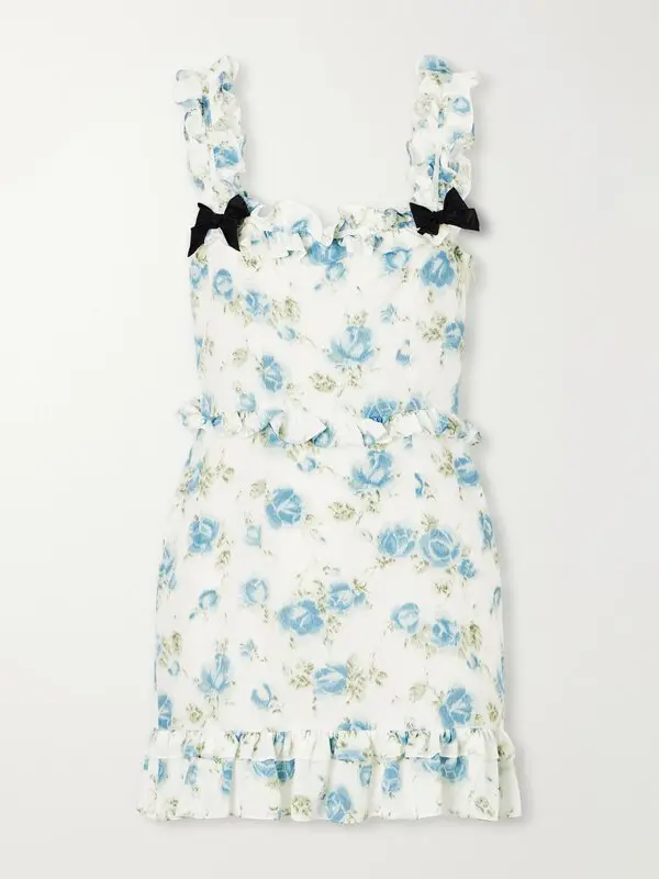 Alessandra Rich Ruffled Floral-print Silk Mini Dress - Blue