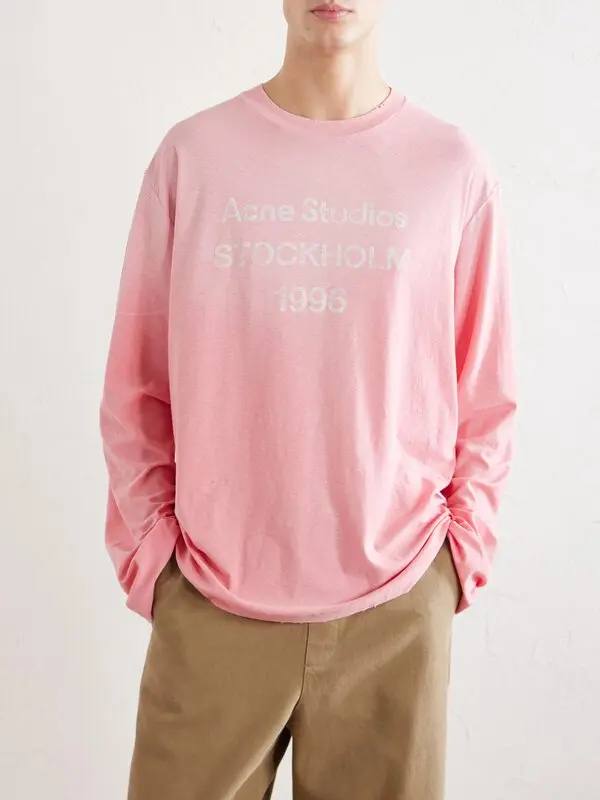 Acne Studios Edden U 1996 Logo-print Distressed Cotton And Hemp-blend T-shirt - Pink