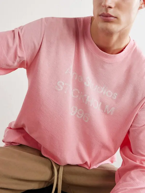 Acne Studios Edden U 1996 Logo-print Distressed Cotton And Hemp-blend T-shirt - Pink
