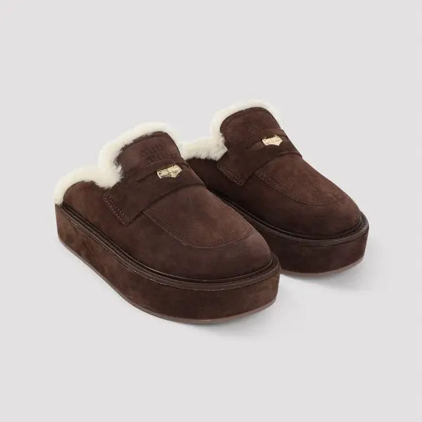Miu Miu Suede Sabot With Shearling Lining - Brown