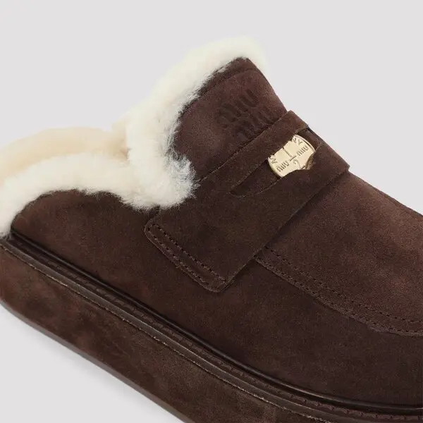 Miu Miu Suede Sabot With Shearling Lining - Brown