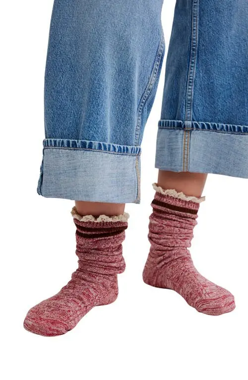 Free People Knee High Socks With Lacy Trim And Sporty Stripes - Red