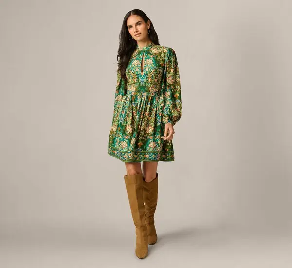 Adrianna Papell Long Sleeve Keyhole Floral Print Mini Dress - Olive Multi