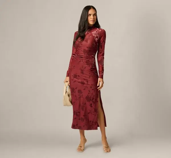 Adrianna Papell Long Sleeve Stretch Velvet Burnout Ankle Length Dress - Auburn