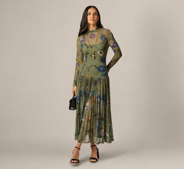 Adrianna Papell Long Sleeve Floral Stretch Mesh Drop Waist Dress - Olive Multi