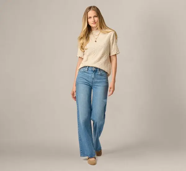 Adrianna Papell Short Sleeve Floral Embossed Knit Top - Cream