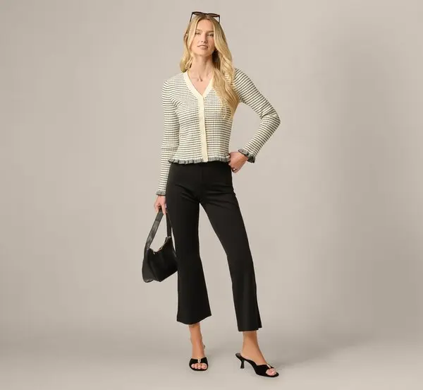 Adrianna Papell Long Sleeve V Neck Ruffle Cardigan Sweater In Cream Black - Cream/black