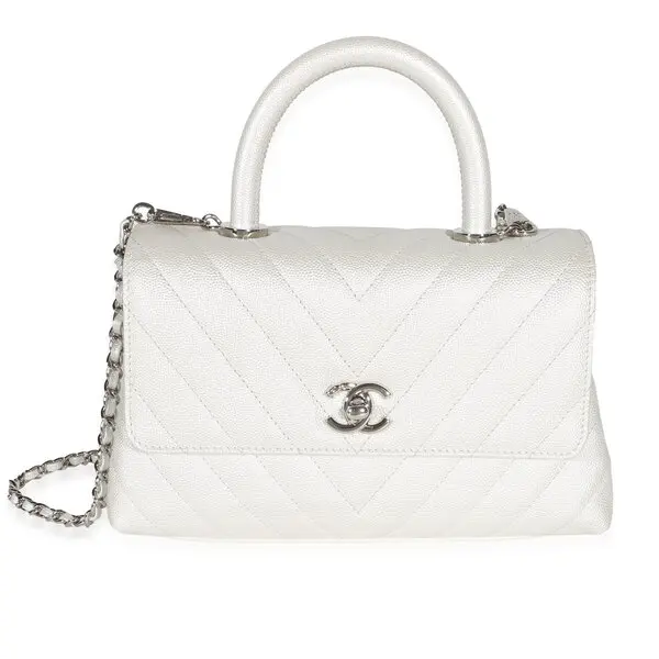 Chanel Chevron Caviar Coco Top Handle Bag - Silver