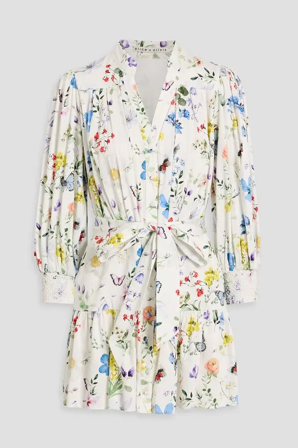 Alice + Olivia Alice Olivia Cora Floralprint Cottonblend Poplin Mini Shirt Dress - White