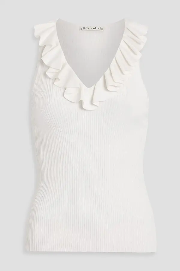 Alice + Olivia Alice Olivia Daryn Ruffled Ribbedknit Top - White