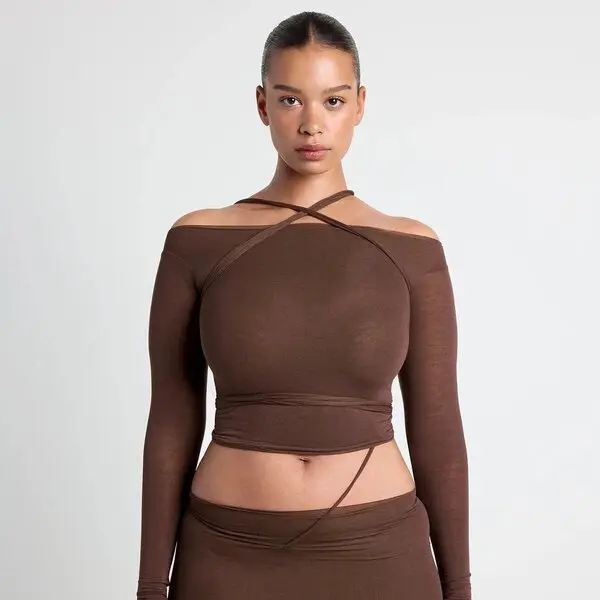 SKIMS Sheer Modal Off-the-shoulder Long Sleeve Top