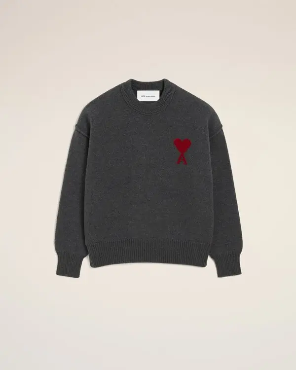 AMI Paris Grey Crewneck Wool Sweater With De Coeur Grey