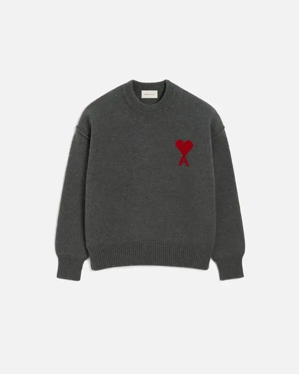 AMI Paris Grey Crewneck Wool Sweater With De Coeur Grey - Heather Grey/red