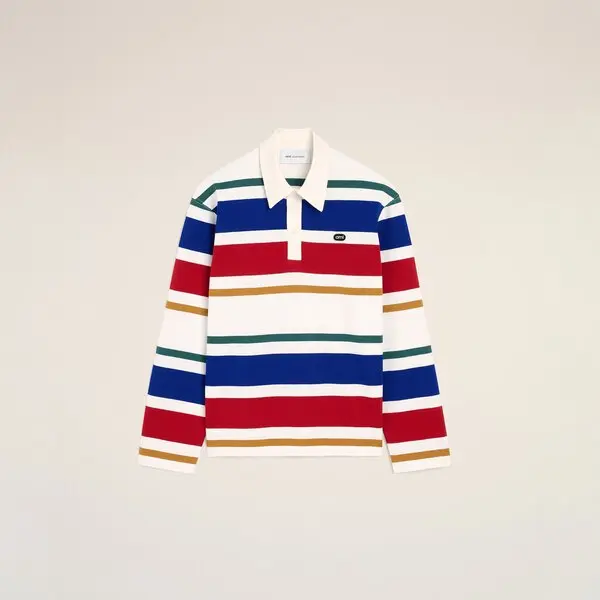 AMI Paris Multicolor Striped Cotton Polo With Patch Multicolor - White/blue/red