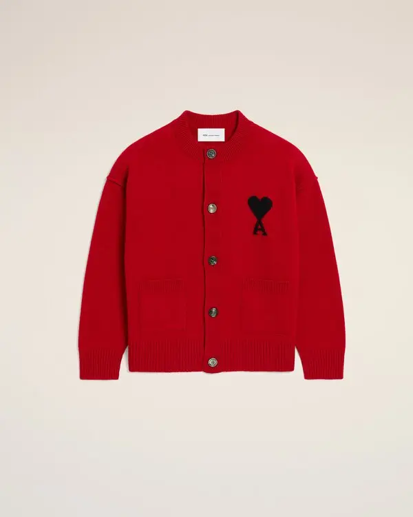 AMI Paris Red Crewneck Wool Cardigan - Ruby Red/black