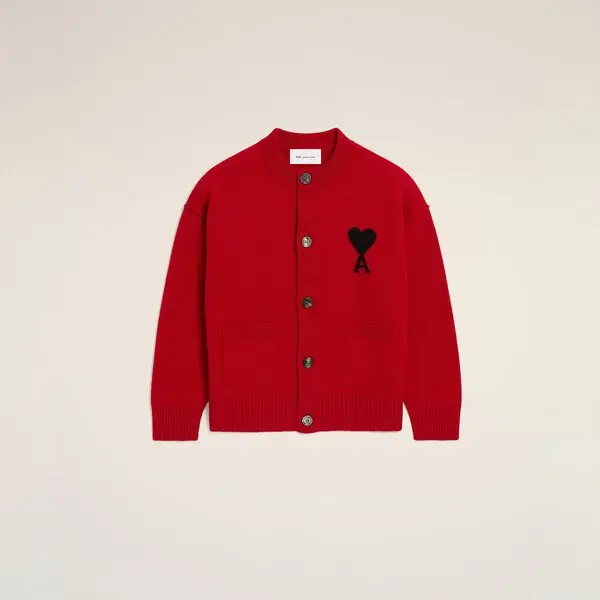 AMI Paris Red Crewneck Wool Cardigan