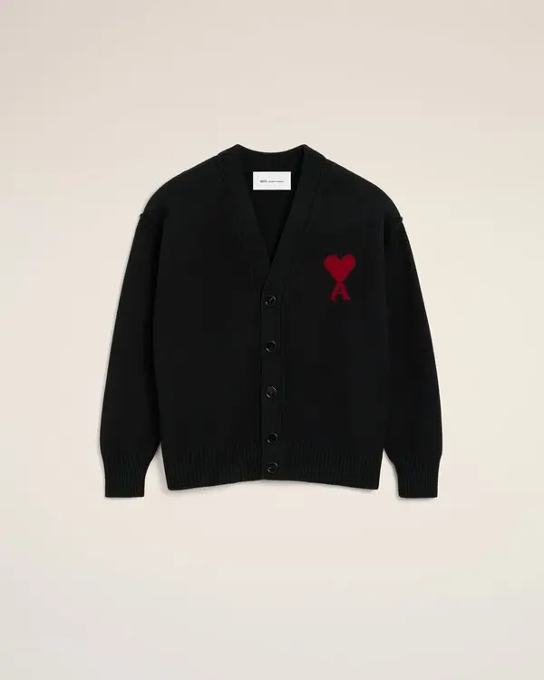 AMI Paris Black Wool Cardigan With De Coeur Black - Black/red