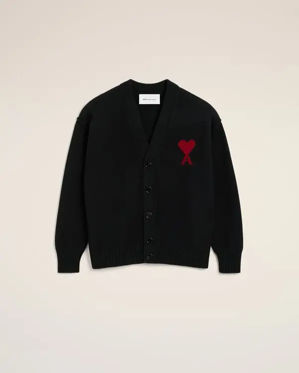 AMI Paris De Coeur Logo Wool Cardigan - Black/red