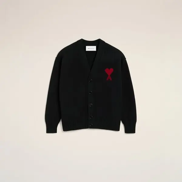 AMI Paris De Coeur Logo Wool Cardigan - Black/red