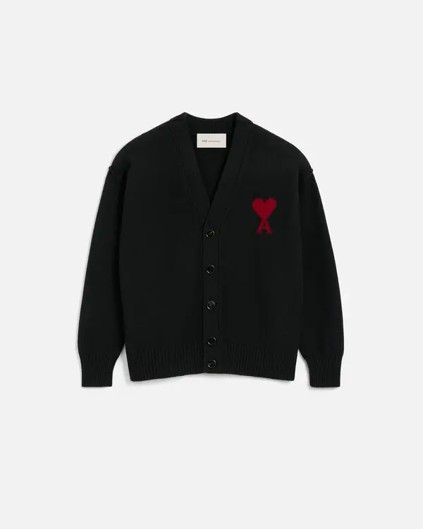 AMI Paris De Coeur Logo Wool Cardigan - Black/red