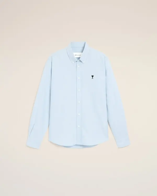 AMI Paris Blue Cotton Shirt With De Coeur Embroidery