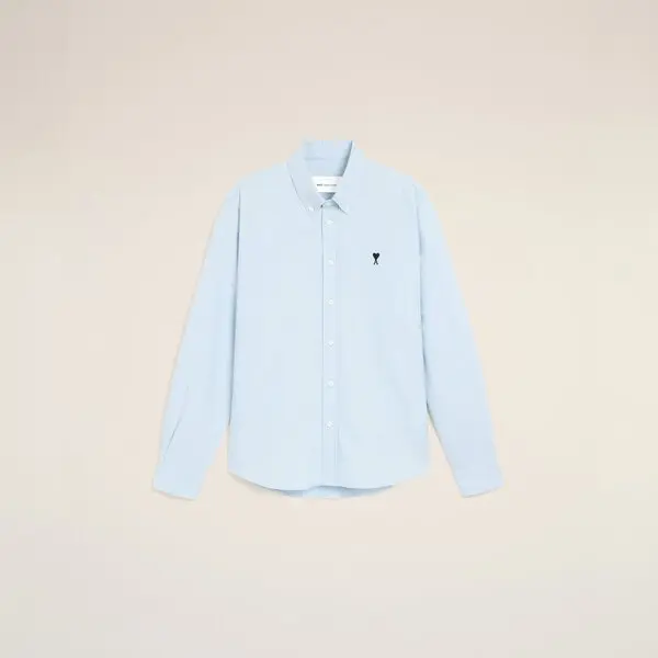 AMI Paris Cotton Button-down Shirt With De Coeur Embroidery - Sky Blue