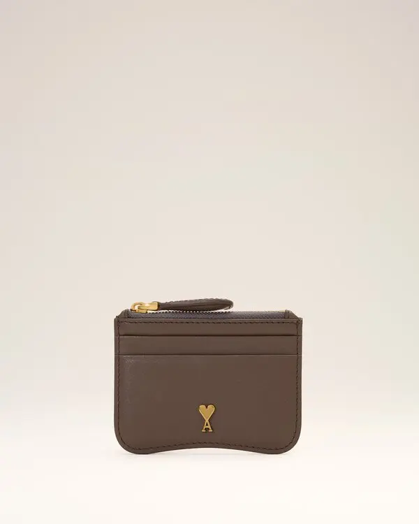 AMI Paris Brown Paris Paris Zipped Cowhide Leather Card Holder Brown - Truffle