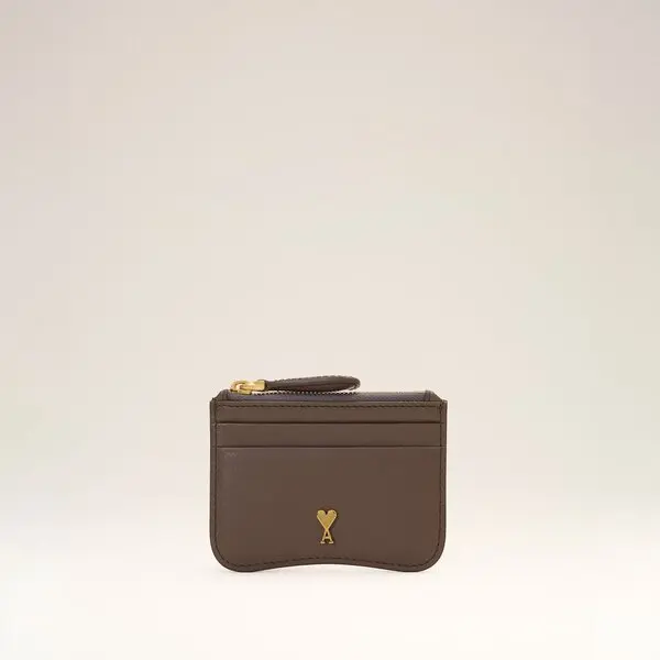 AMI Paris Brown Paris Paris Zipped Cowhide Leather Card Holder Brown