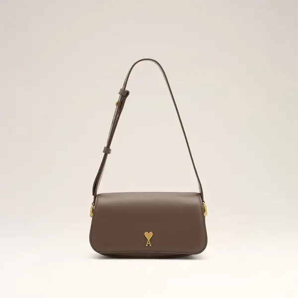 AMI Paris Brown Cowhide Leather Shoulder Bag - Truffle