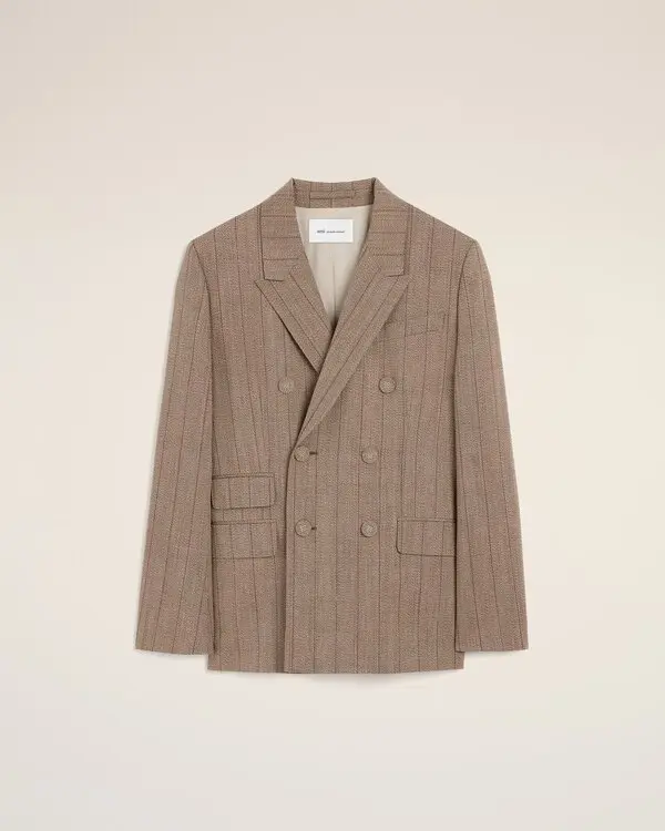 AMI Paris Brown Double Breasted Striped Wool Blazer Brown - Choco Brown/ruby Red