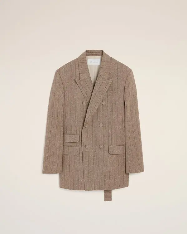 AMI Paris Brown Double Breasted Striped Wool Blazer Brown - Choco Brown/ruby Red