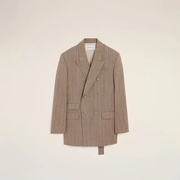 AMI Paris Brown Double Breasted Striped Wool Blazer Brown
