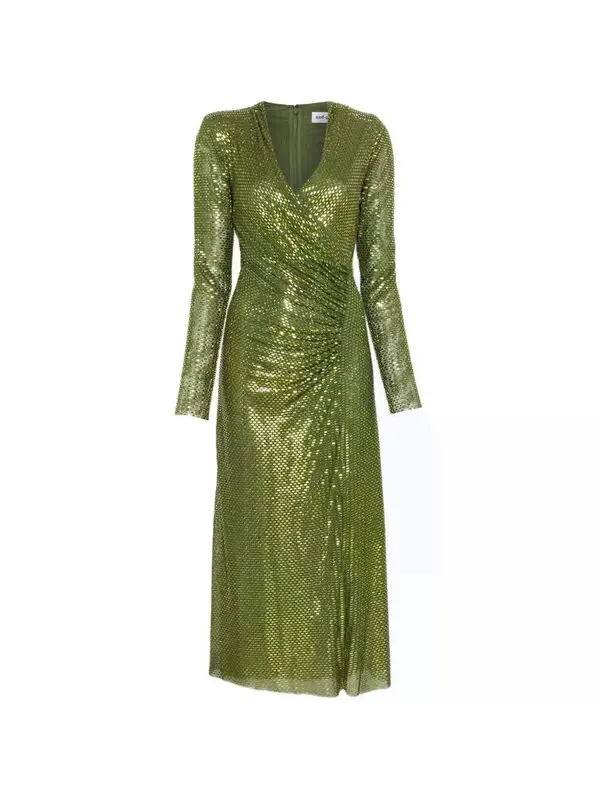 SELF-PORTRAIT Rhinestone Embellished Ruched Midi Dress - Green