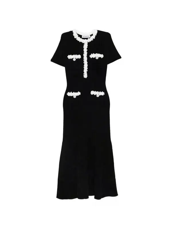 SELF-PORTRAIT Ribbed-knit Midi Dress With Floral Appliqués - Black